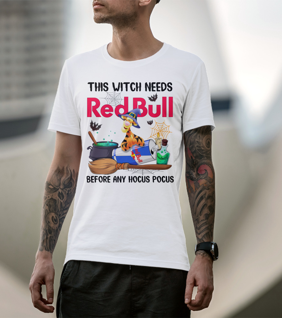 This Witch Needs Red Bull Before Any Hocus Pocus Tigger With Witch Hat And Red Bull Can T-Shirt