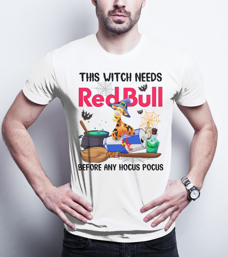 This Witch Needs Red Bull Before Any Hocus Pocus Tigger With Witch Hat And Red Bull Can T-Shirt