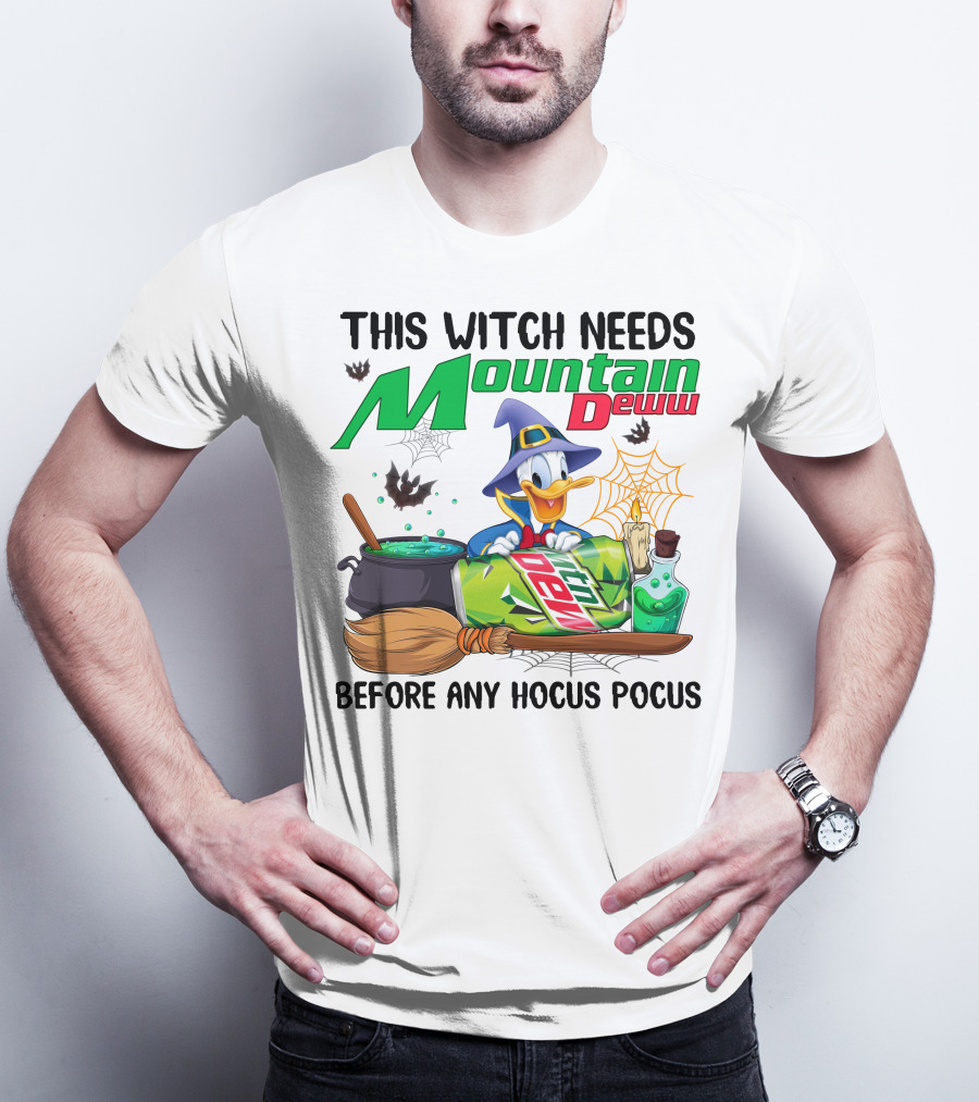 This Witch Needs Mountain Dew Before Any Hocus Pocus Donald Duck Witch Hat Cauldron Broom Potion T-Shirt