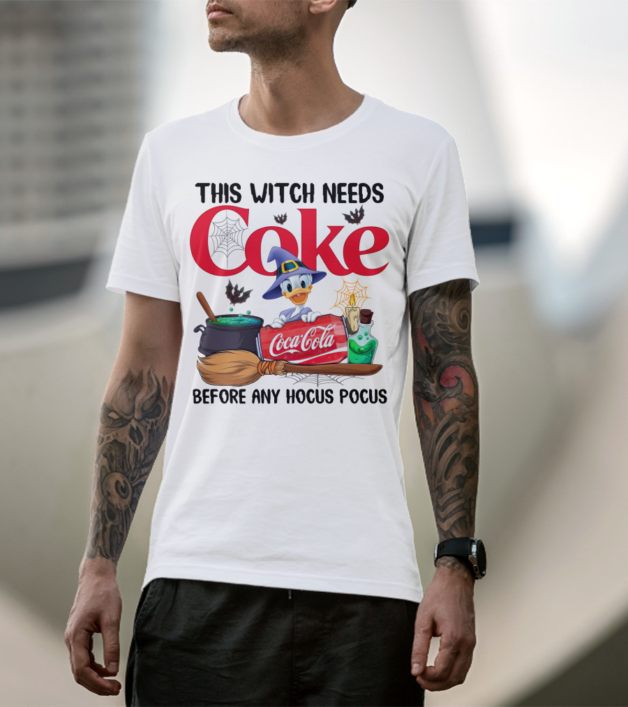 This Witch Needs Coke Before Any Hocus Pocus Coca-Cola Witch Hat Broomstick Cauldron T-Shirt