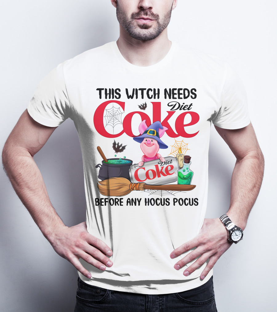 This Witch Needs Diet Coke Before Any Hocus Pocus Piglet Witch Hat Brew Broom_Spiderweb T-Shirt