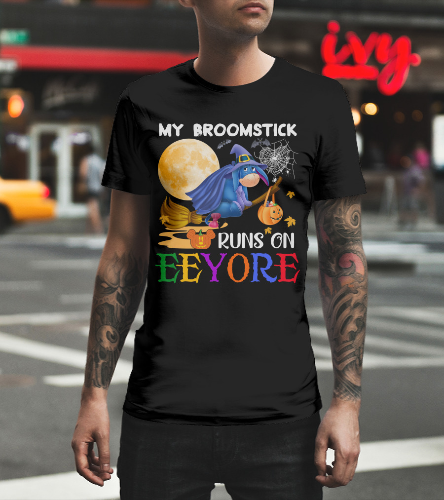My Broomstick Runs On Eeyore Halloween Moon Bat Pumpkin T-Shirt