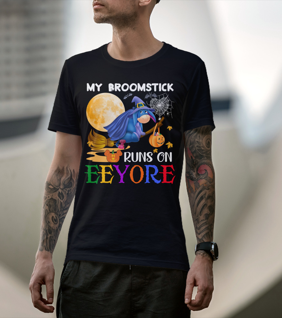 My Broomstick Runs On Eeyore Halloween Moon Bat Pumpkin T-Shirt