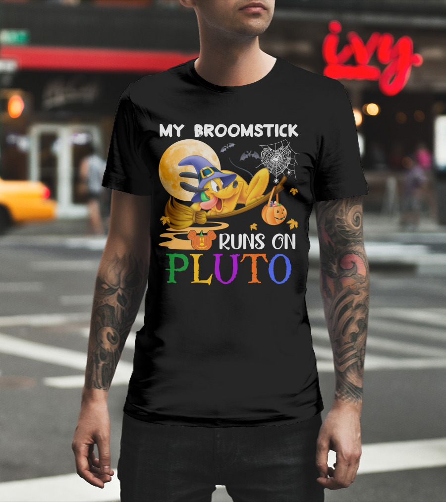 My Broomstick Runs On Pluto Halloween Moon Bats Spider Web Pumpkin T-Shirt