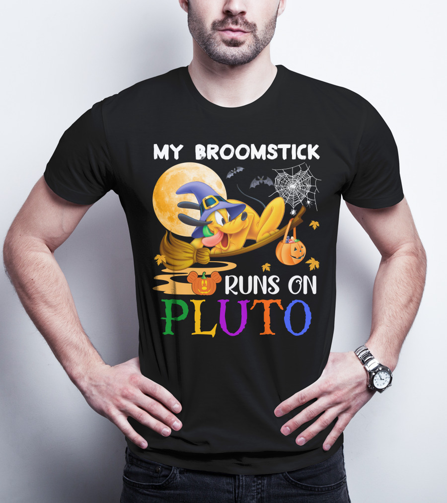 My Broomstick Runs On Pluto Halloween Moon Bats Spider Web Pumpkin T-Shirt