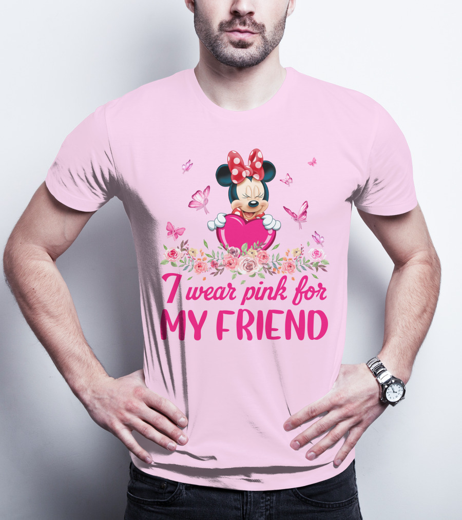 Minnie I Wear Pink For My Friend Floral Heart Butterflies T-Shirt