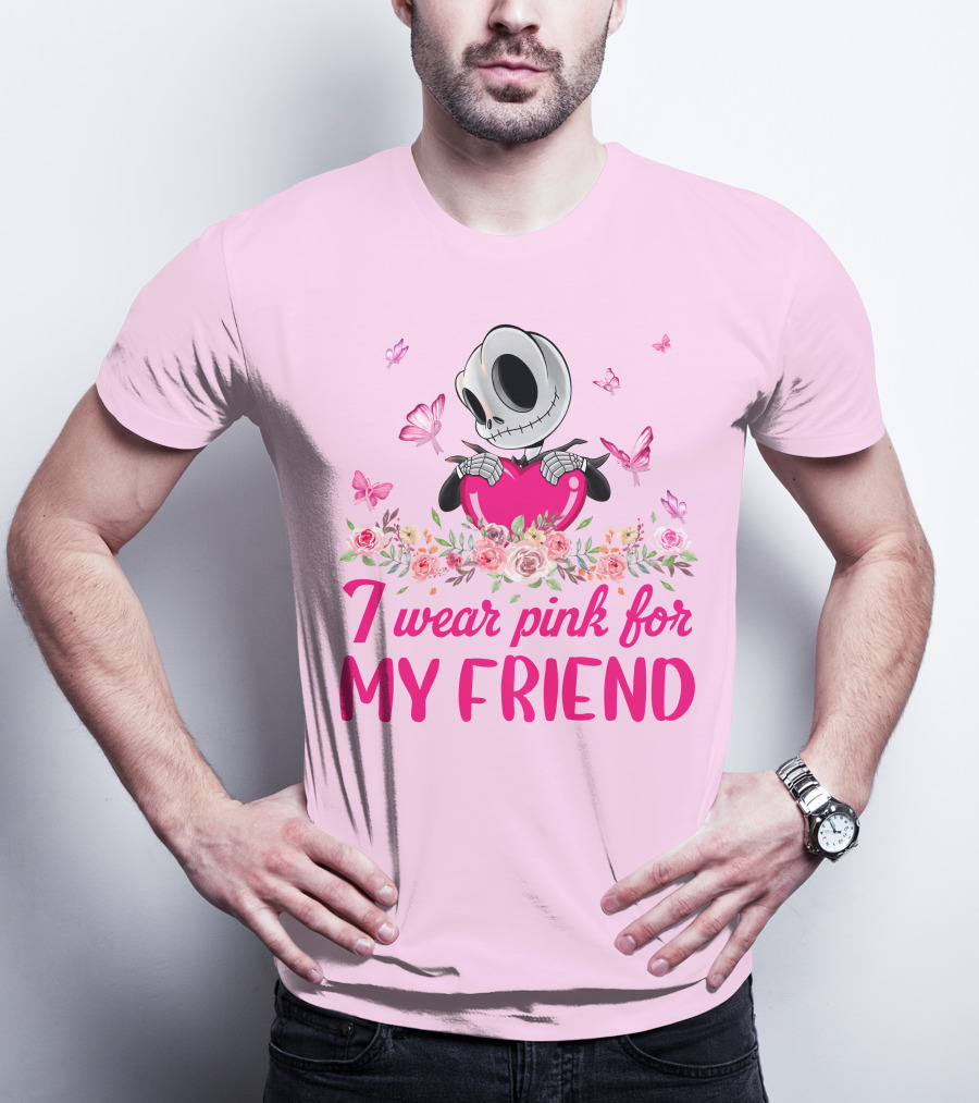 I Wear Pink For My Friend Jack Skellington Pink Butterflies And Flowers T-Shirt