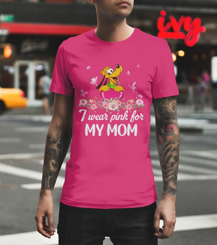 I Wear Pink For My Mom Pluto Butterflies Roses T-Shirt