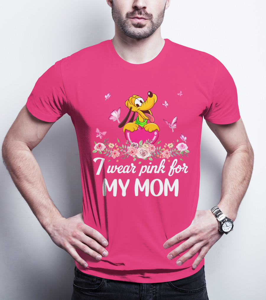 I Wear Pink For My Mom Pluto Butterflies Roses T-Shirt