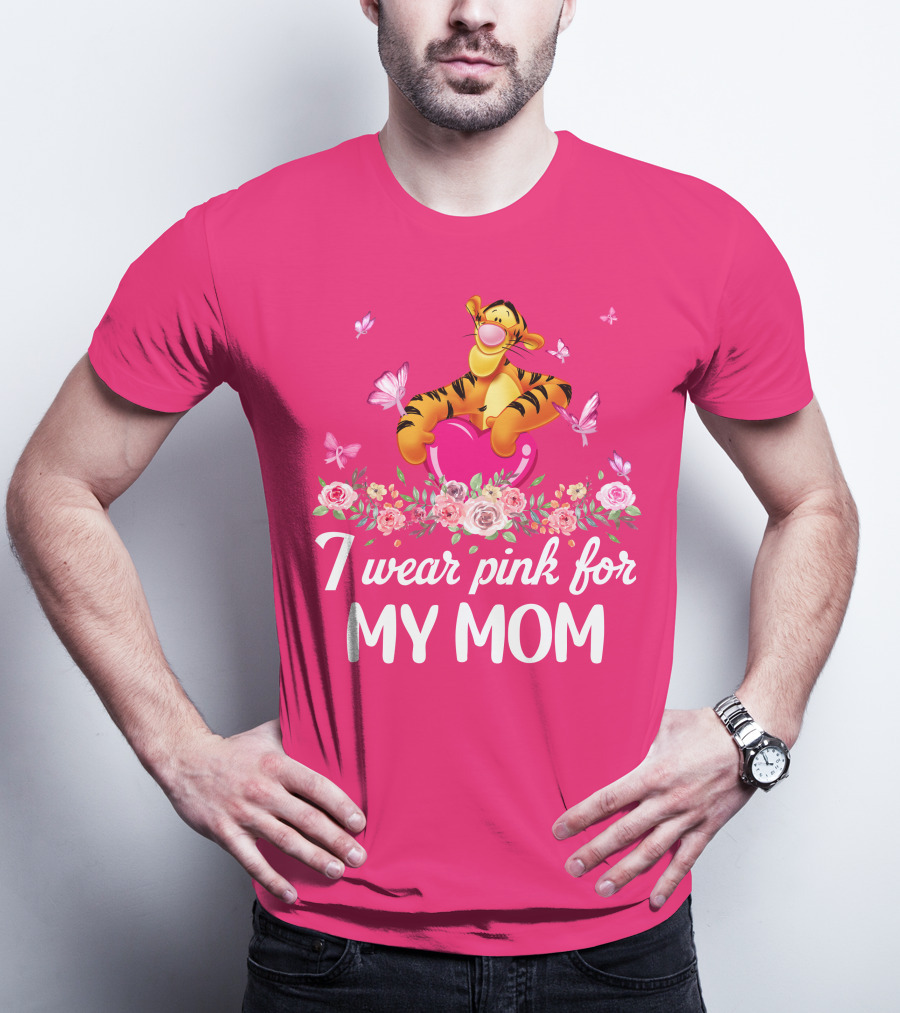 I Wear Pink For My Mom Tigger Butterfly Roses T-Shirt