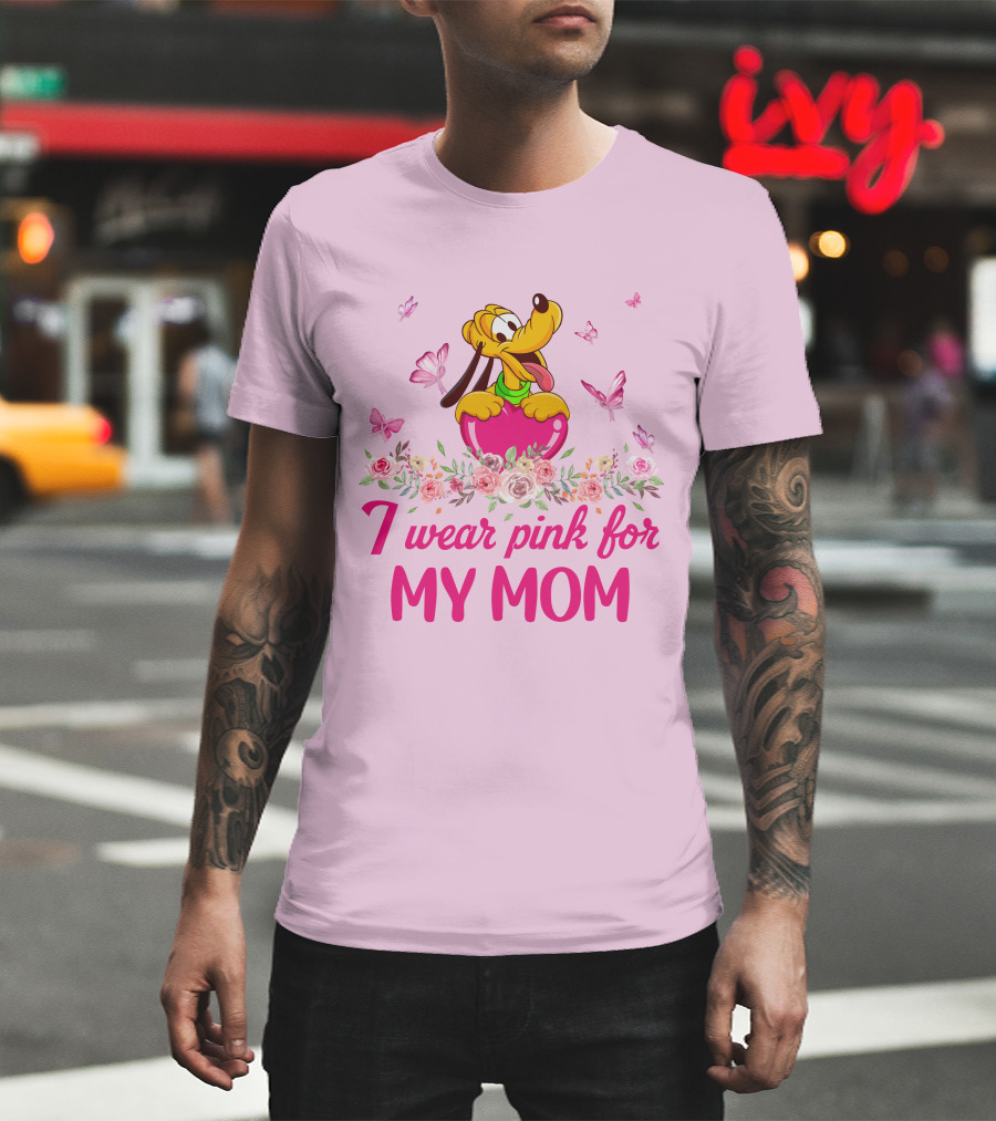 I Wear Pink For My Mom Pluto Floral Butterflies T-Shirt