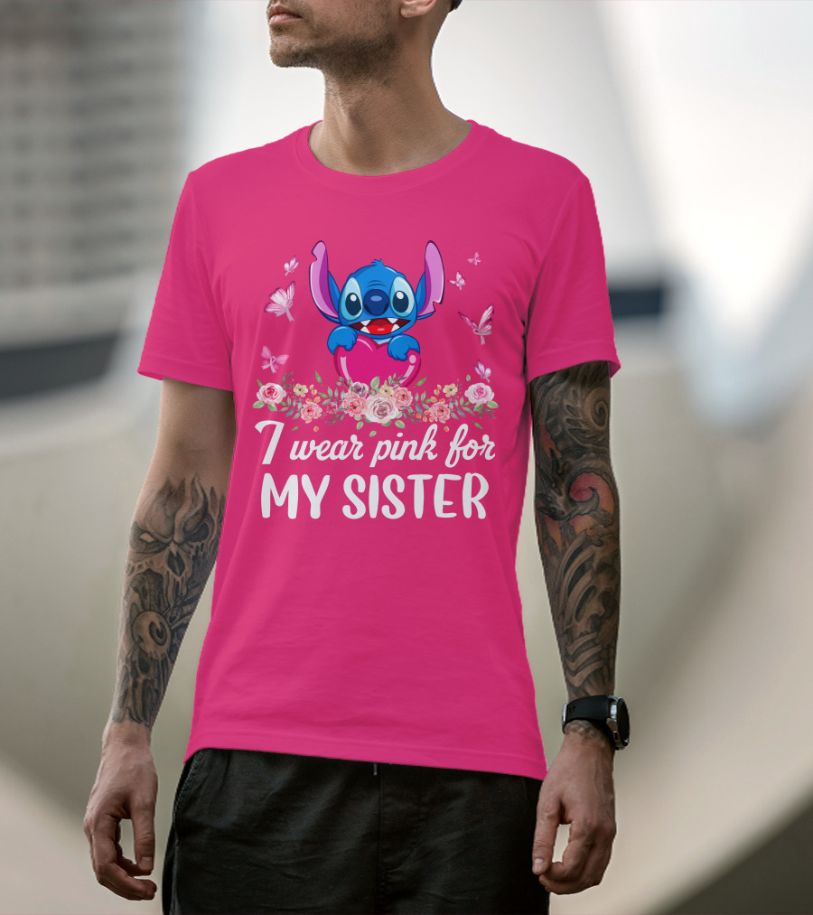 I Wear Pink For My Sister Stitch Butterfly Floral T-Shirt