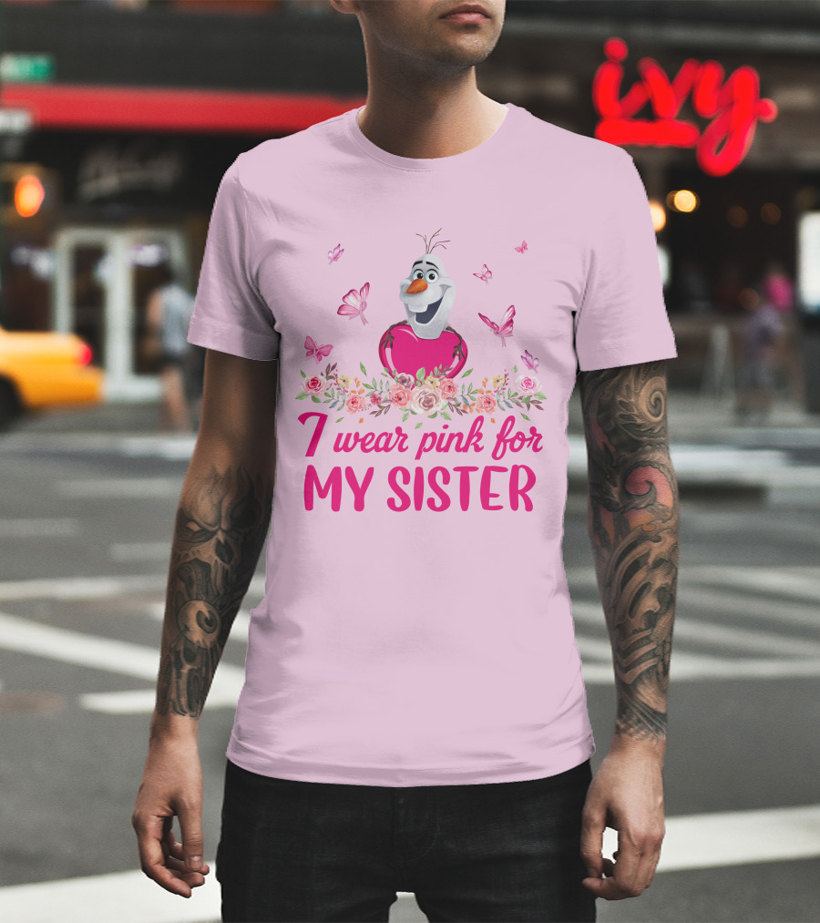 Olaf I Wear Pink For My Sister Butterfly Floral T-Shirt