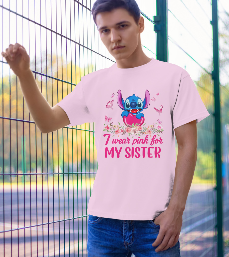 I Wear Pink For My Sister Stitch Butterfly Flower Theme T-Shirt