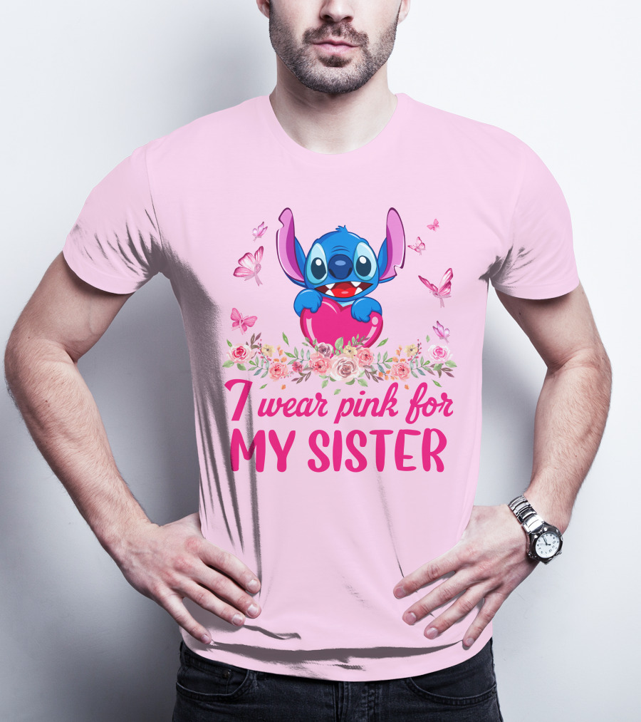 I Wear Pink For My Sister Stitch Butterfly Flower Theme T-Shirt