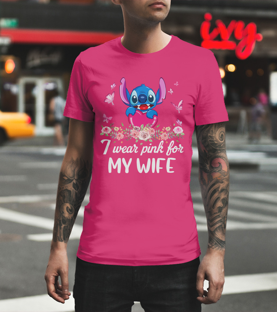 Stitch I Wear Pink For My Wife Butterfly And Floral T-Shirt