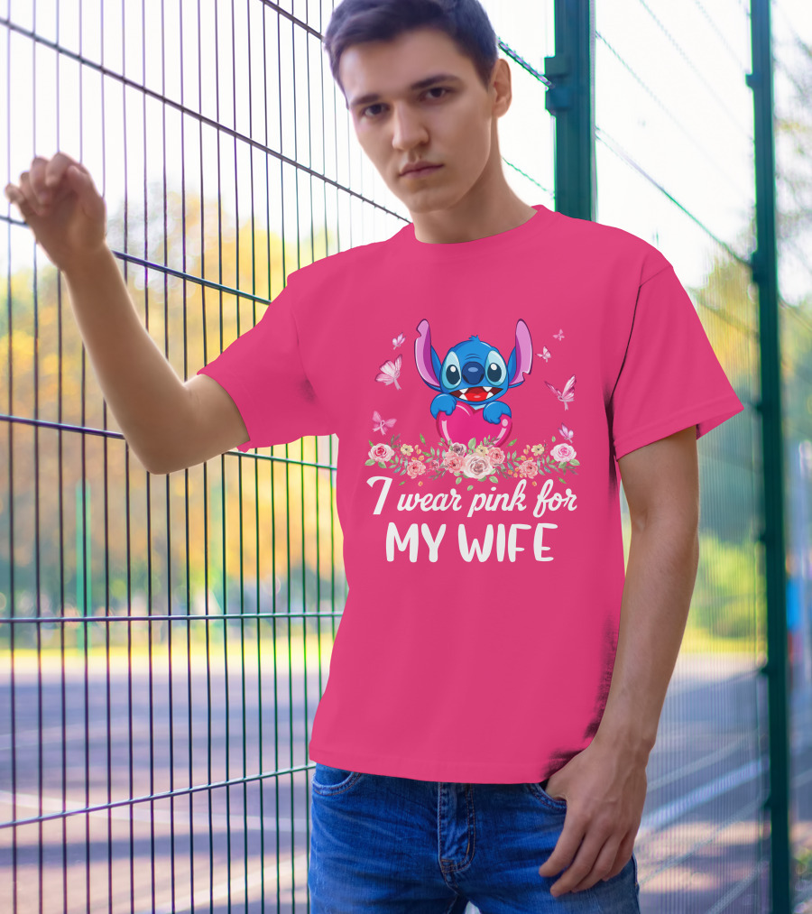 Stitch I Wear Pink For My Wife Butterfly And Floral T-Shirt
