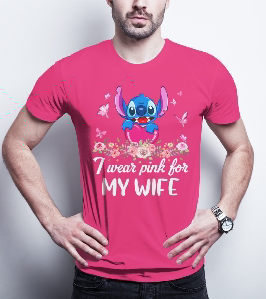Stitch I Wear Pink For My Wife Butterfly And Floral T-Shirt