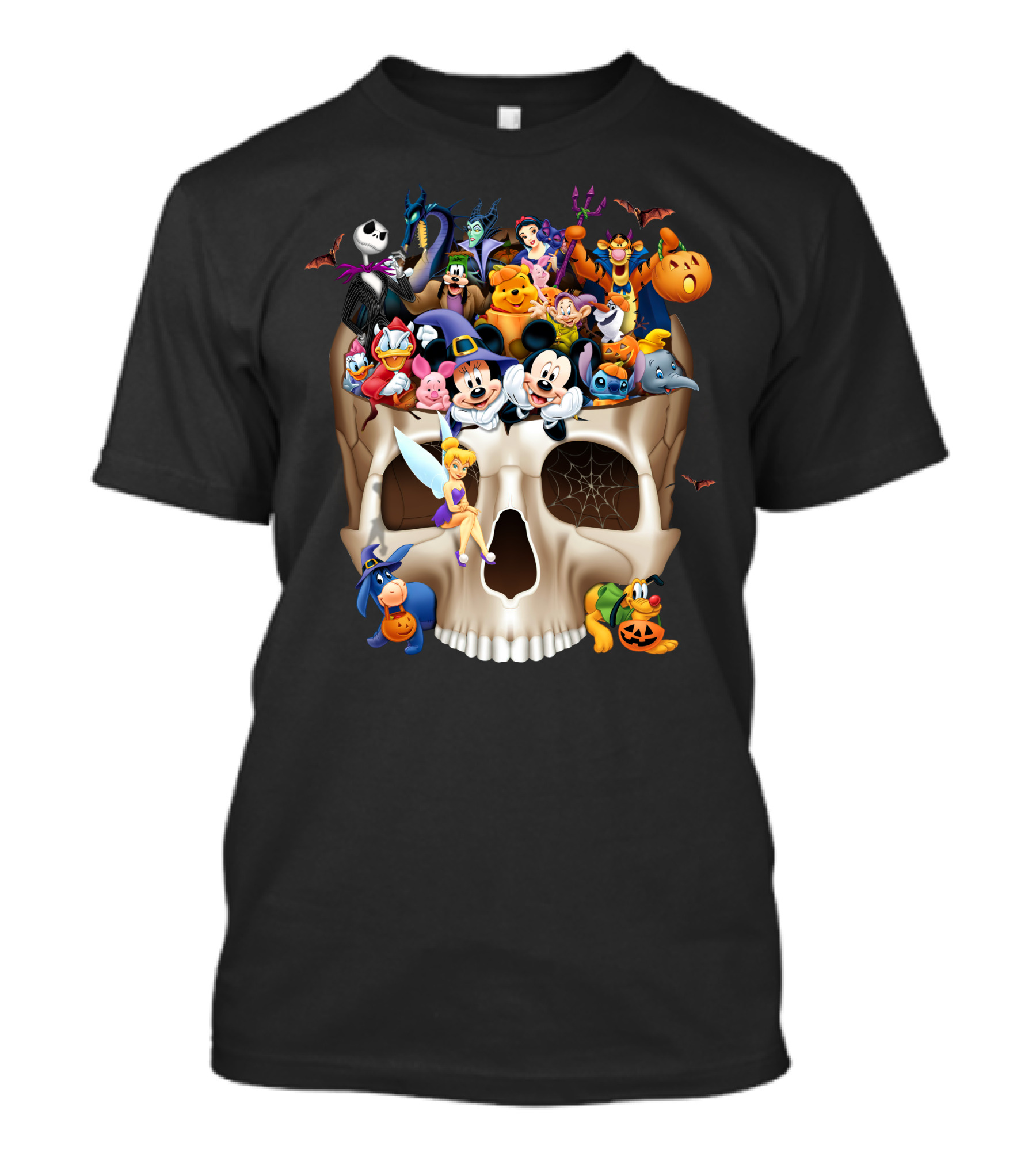 Disney Halloween Skull Characters Mickey Maleficent Jack Skellington Tinker Bell Stitch Donald Goofy T-Shirt