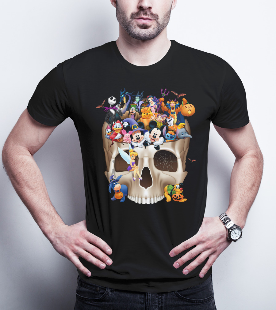 Disney Halloween Skull Characters Mickey Maleficent Jack Skellington Tinker Bell Stitch Donald Goofy T-Shirt
