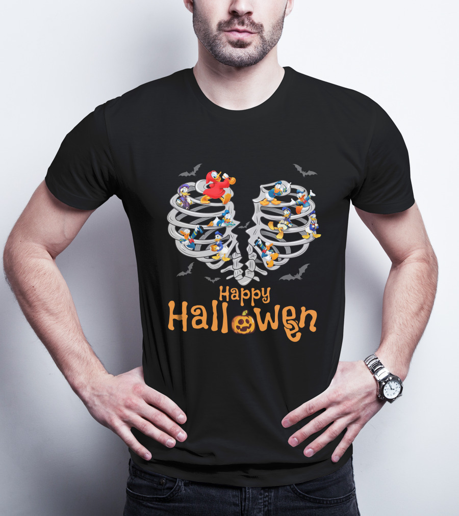 Happy Halloween With Donald Duck And Ribcage Skeleton T-Shirt