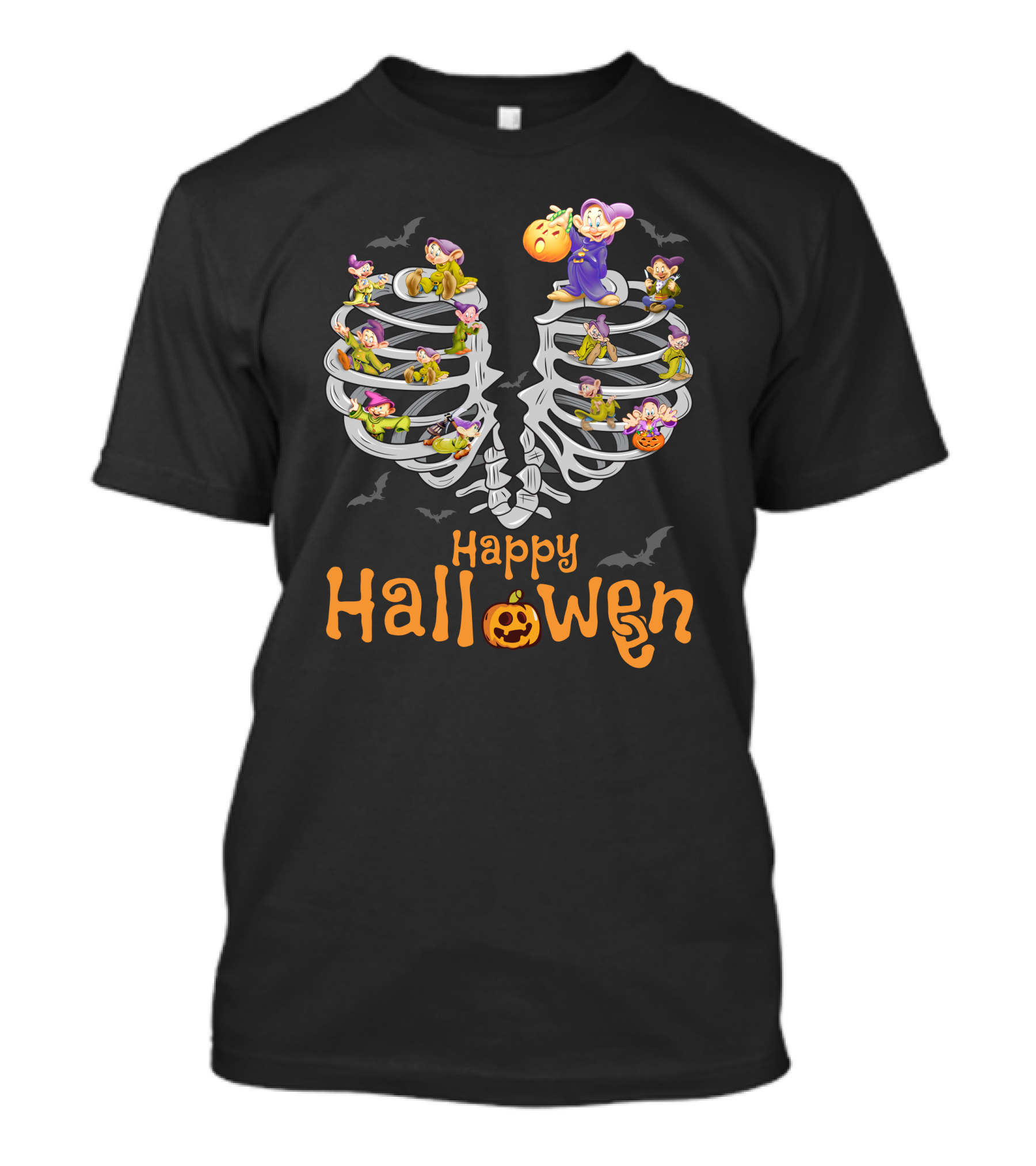 Happy Halloween Dopey Ribcage Bats And Pumpkins T-Shirt