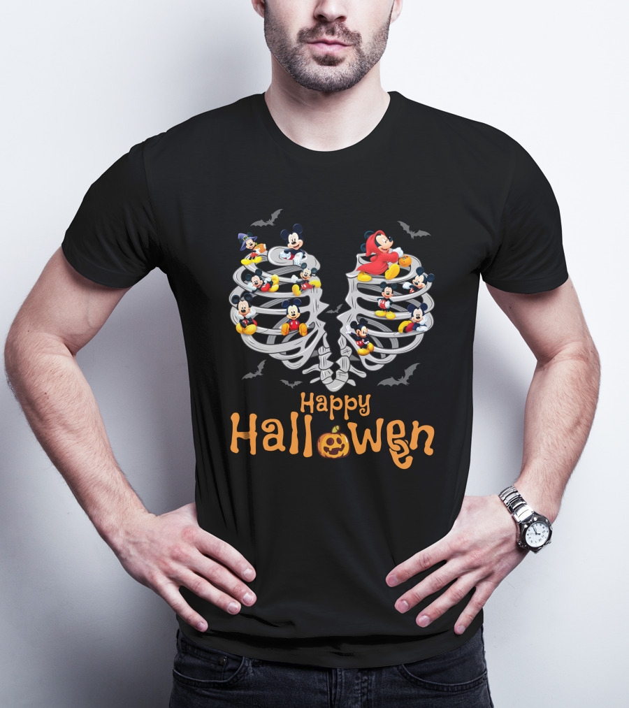 Happy Halloween Mickey Rib Skeleton Bats T-Shirt