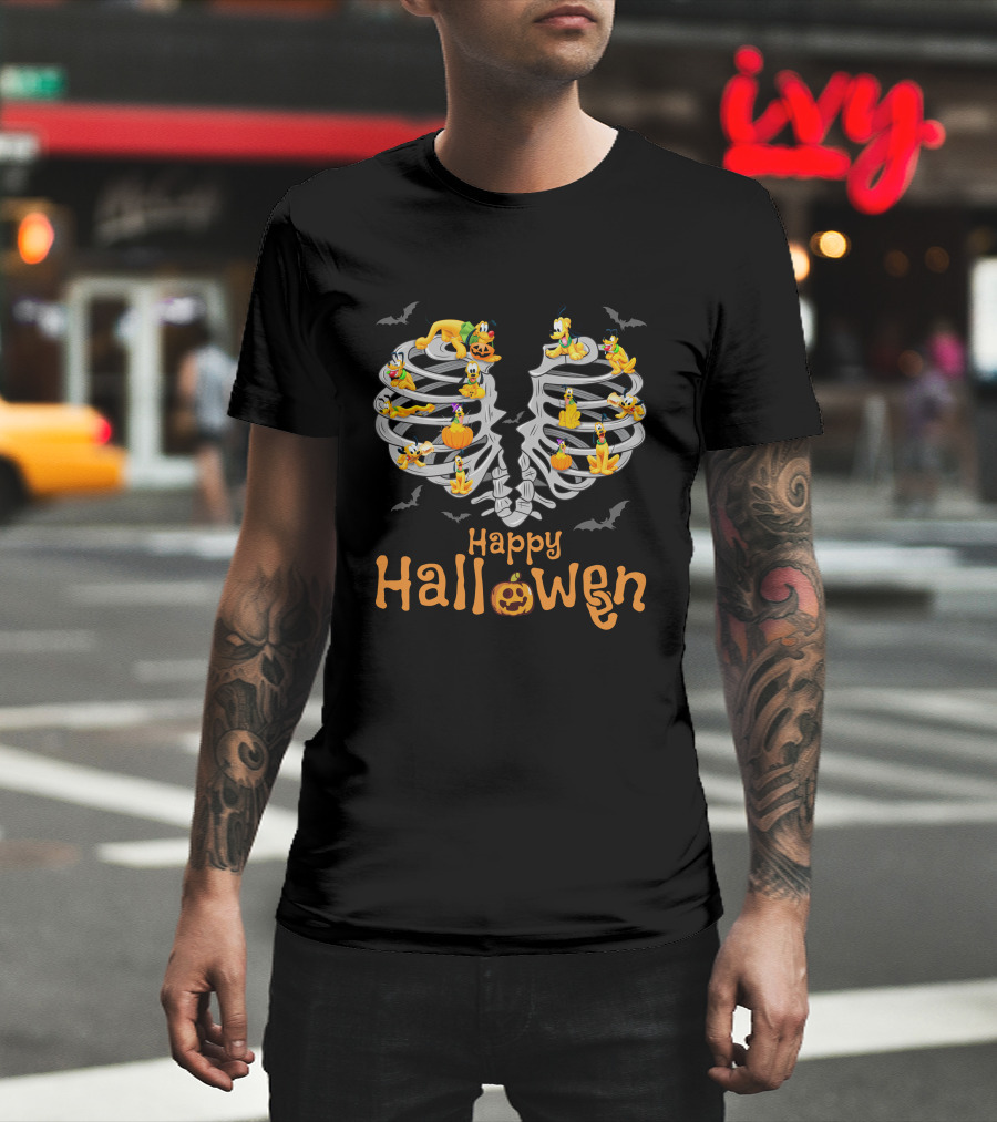 Happy Halloween Pluto Dog Skeleton Bats Pumpkin T-Shirt