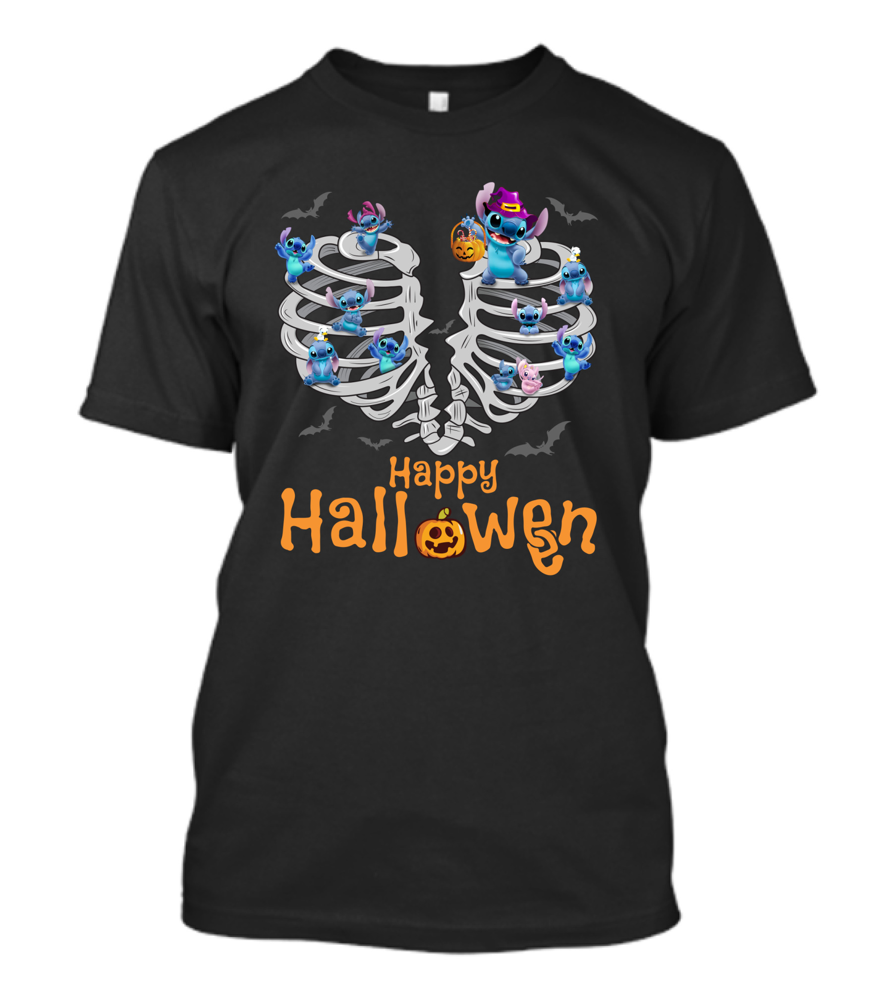 Happy Halloween Stitch Skeleton Ribcage Bats T-Shirt