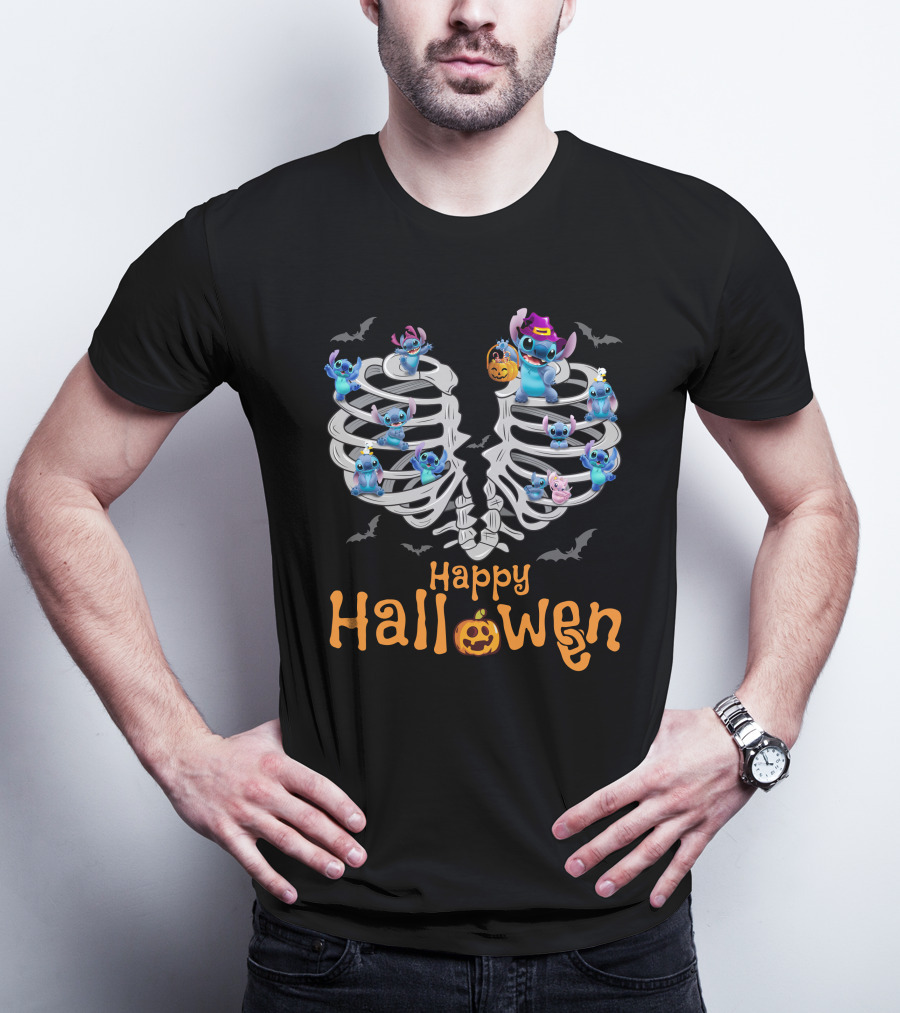 Happy Halloween Stitch Skeleton Ribcage Bats T-Shirt