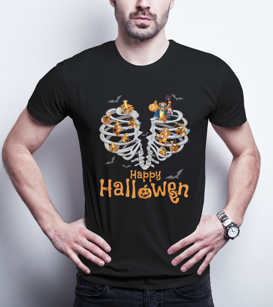 Happy Halloween Tigger Skeleton Ribcage Bat Pumpkin T-Shirt