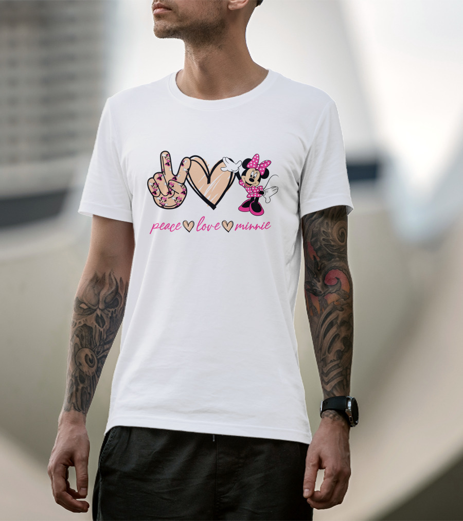 Peace Love Minnie Mouse Floral Pattern Pink Bow T-Shirt