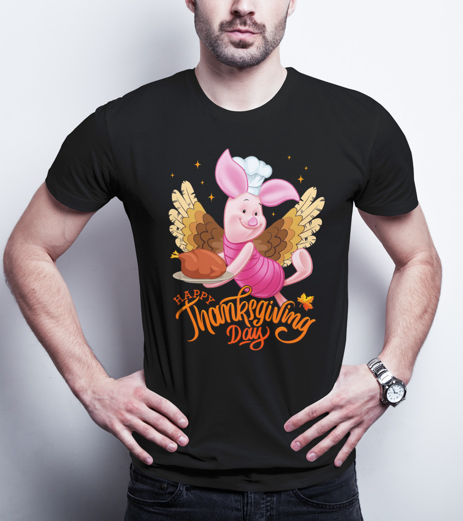 Happy Thanksgiving Day Piglet Chef With Turkey And Wings T-Shirt