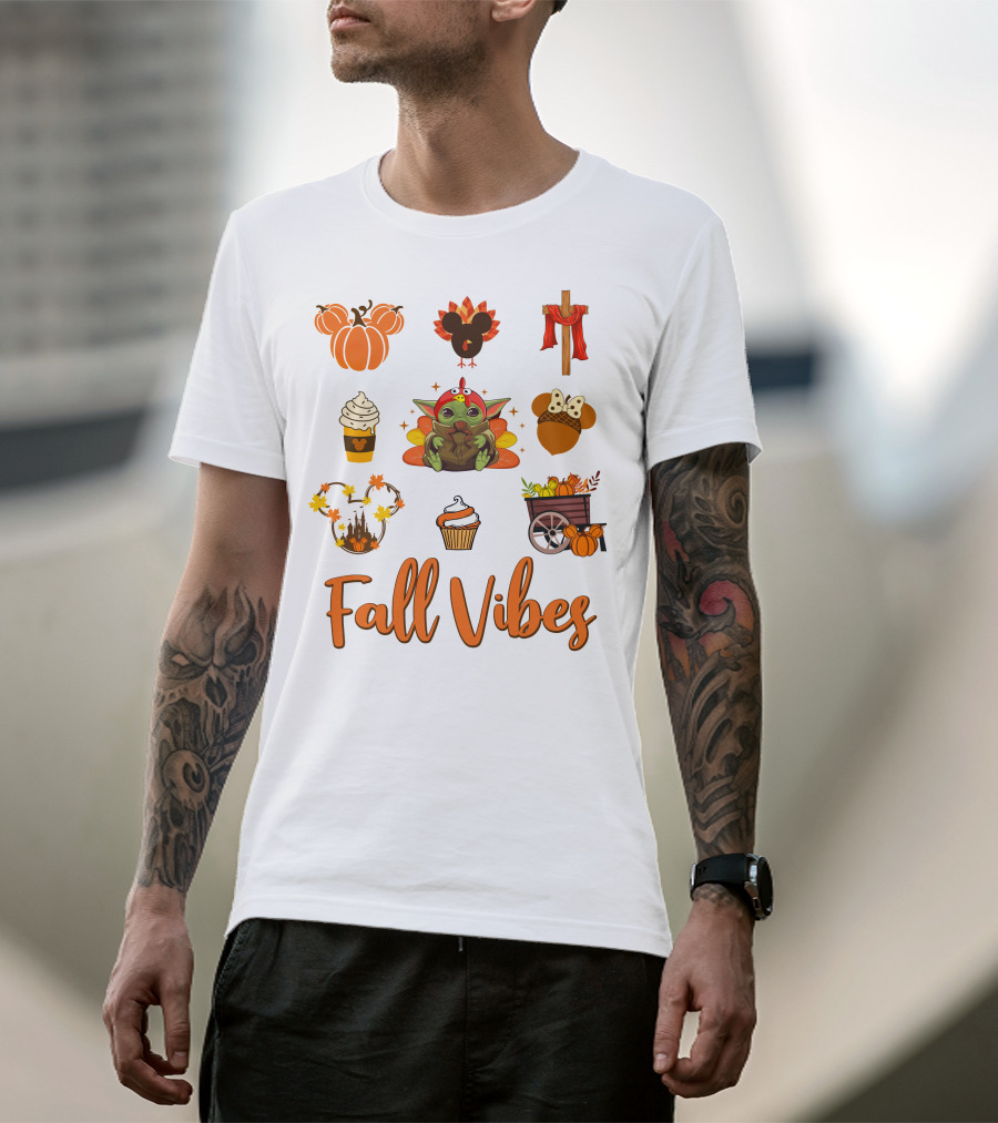 Fall Vibes Baby Yoda Pumpkin And Thanksgiving Elements T-Shirt