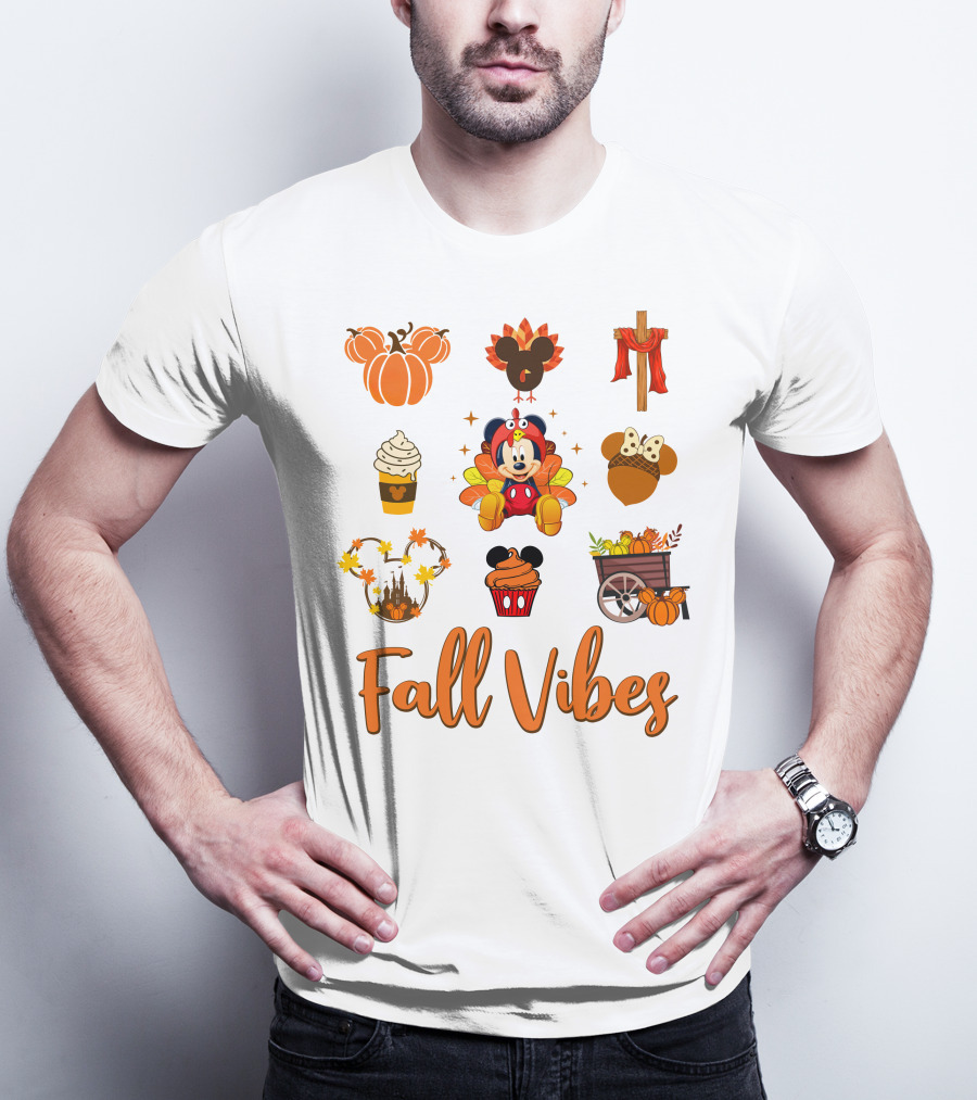Fall Vibes Mickey Pumpkin Mouse Ears Thanksgiving Cupcake Harvest Decor T-Shirt