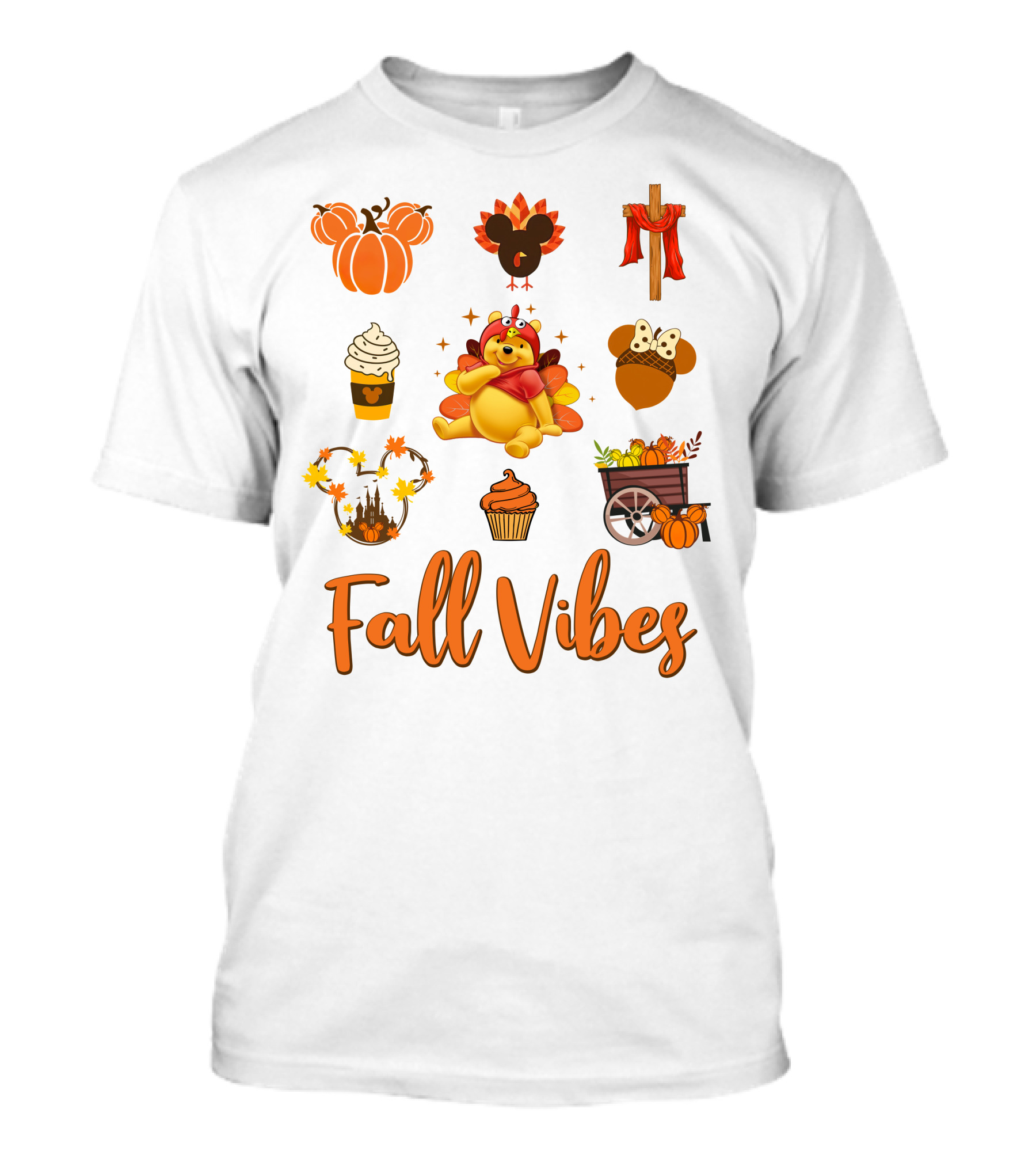 Fall Vibes Pooh Thanksgiving Pumpkin Cupcake Latte Turkey Cart T-Shirt
