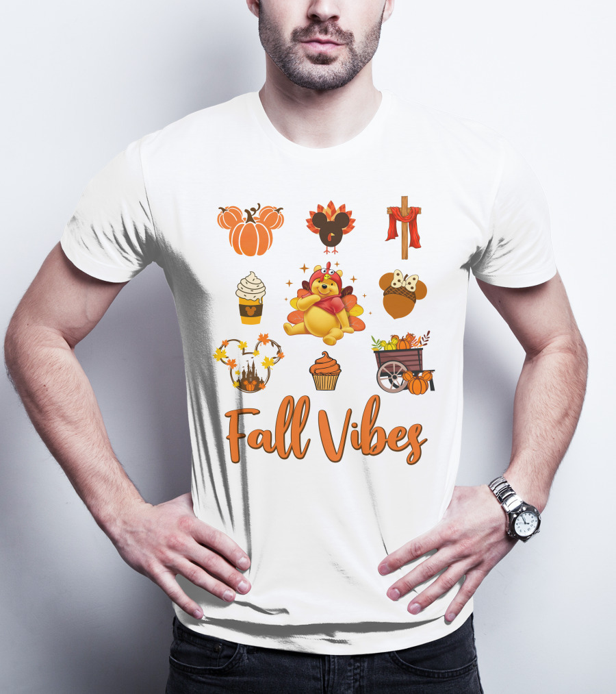 Fall Vibes Pooh Thanksgiving Pumpkin Cupcake Latte Turkey Cart T-Shirt
