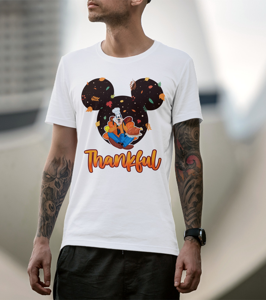Thankful Goofy Chef With Turkey And Autumn Leaves Mickey Ears T-Shirt