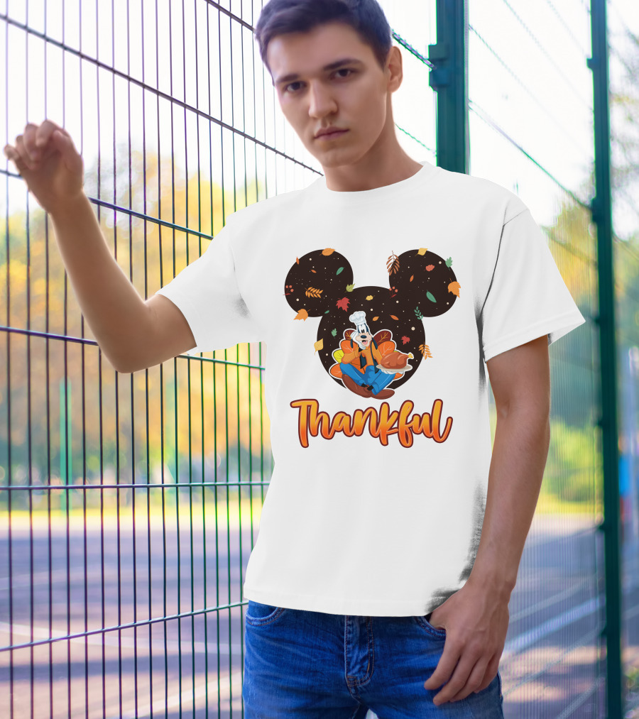 Thankful Goofy Chef With Turkey And Autumn Leaves Mickey Ears T-Shirt