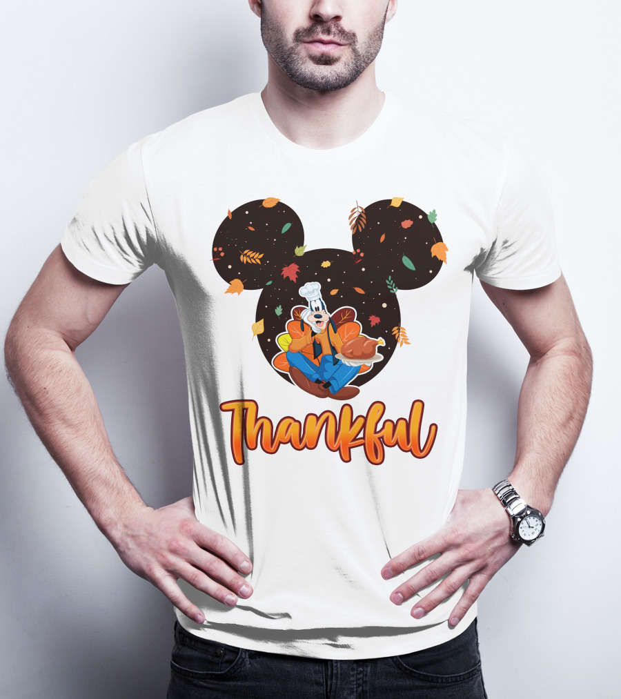 Thankful Goofy Chef With Turkey And Autumn Leaves Mickey Ears T-Shirt