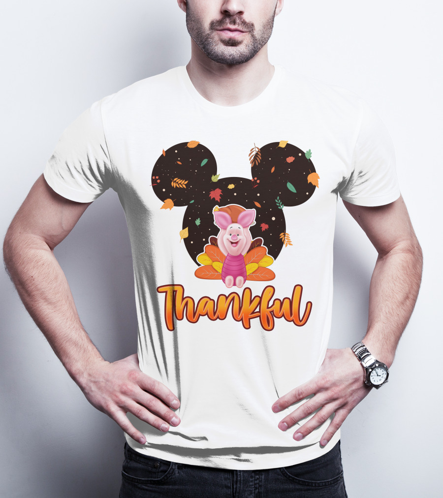 Thankful Piglet With Mickey Ears And Autumn Leaves T-Shirt