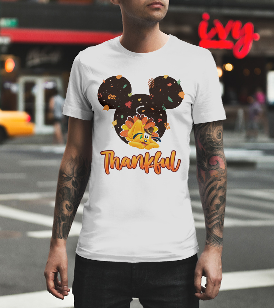 Thankful Pluto In Autumn Leaves Mickey Ears T-Shirt