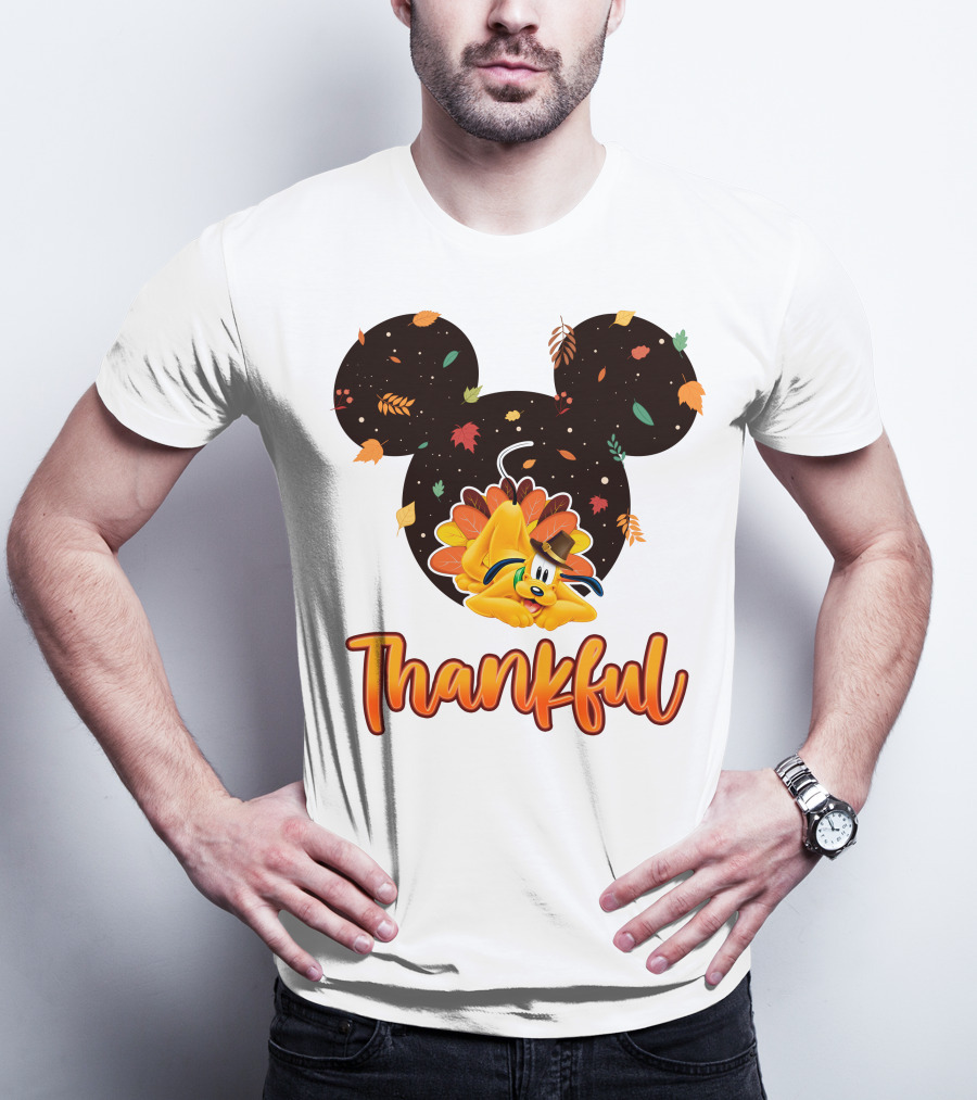 Thankful Pluto In Autumn Leaves Mickey Ears T-Shirt