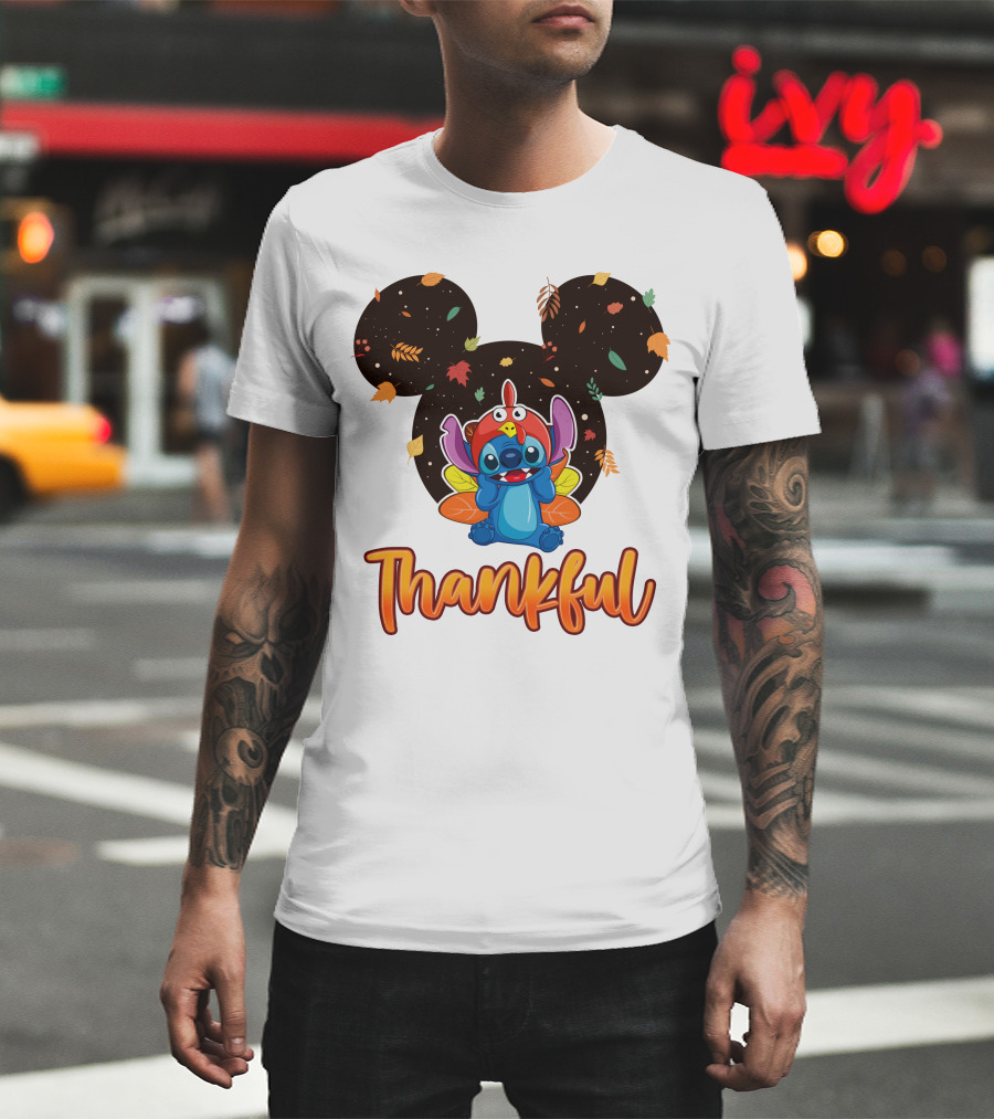 Thankful Stitch Thanksgiving Mickey Ears Autumn Leaves T-Shirt