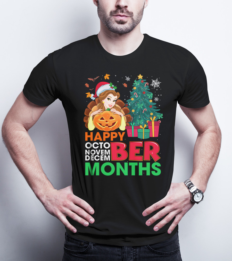 Happy Octo Novem Decem Ber Months Belle Christmas Tree Jack-O'-Lantern T-Shirt