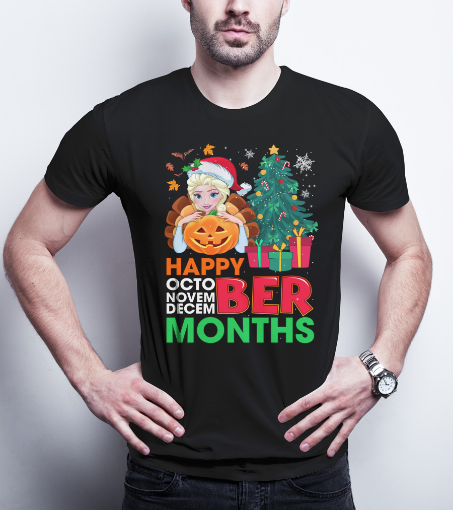 Happy Octo Novem Decem Ber Months Elsa Santa Hat Pumpkin Christmas Tree Presents T-Shirt