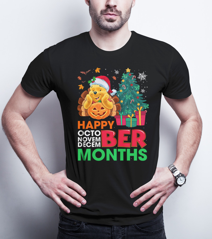 Happy Octo Novem Decem Ber Months Pooh Santa Hat Pumpkin Christmas Tree Gifts Snowflakes T-Shirt