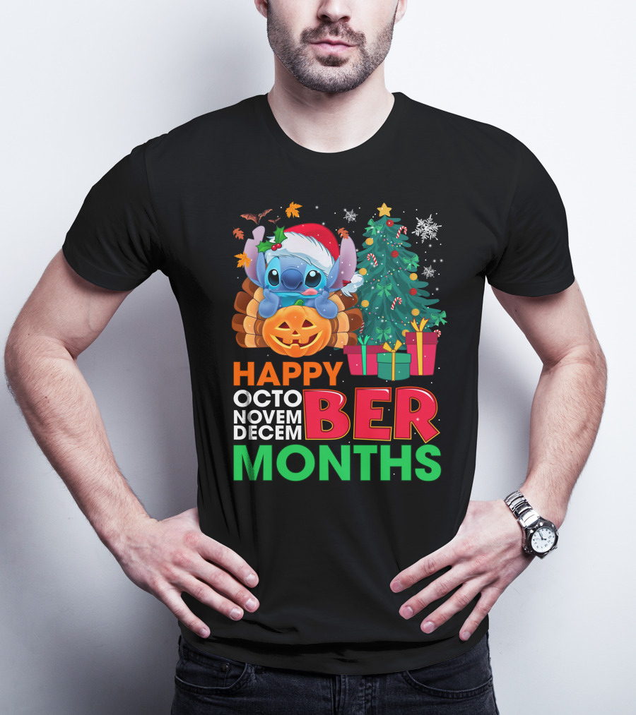 Happy Octo Novem Decem Ber Months Stitch Santa Hat Turkey Pumpkin Christmas Tree Presents T-Shirt