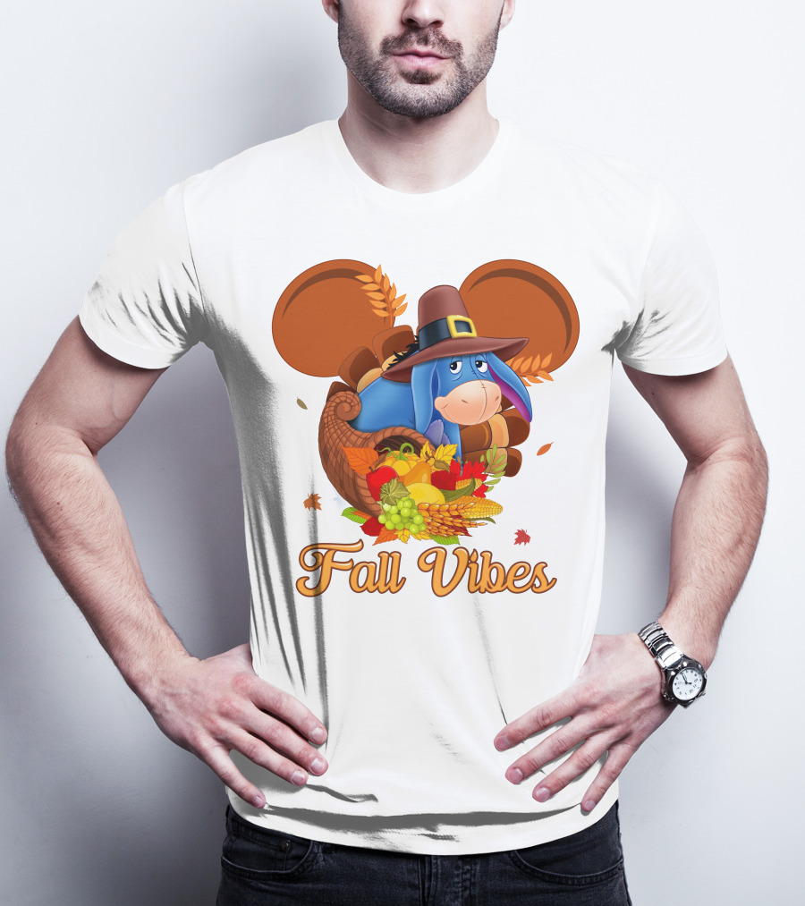 Eeyore Fall Vibes Cornucopia With Pilgrim Hat And Autumn Leaves T-Shirt