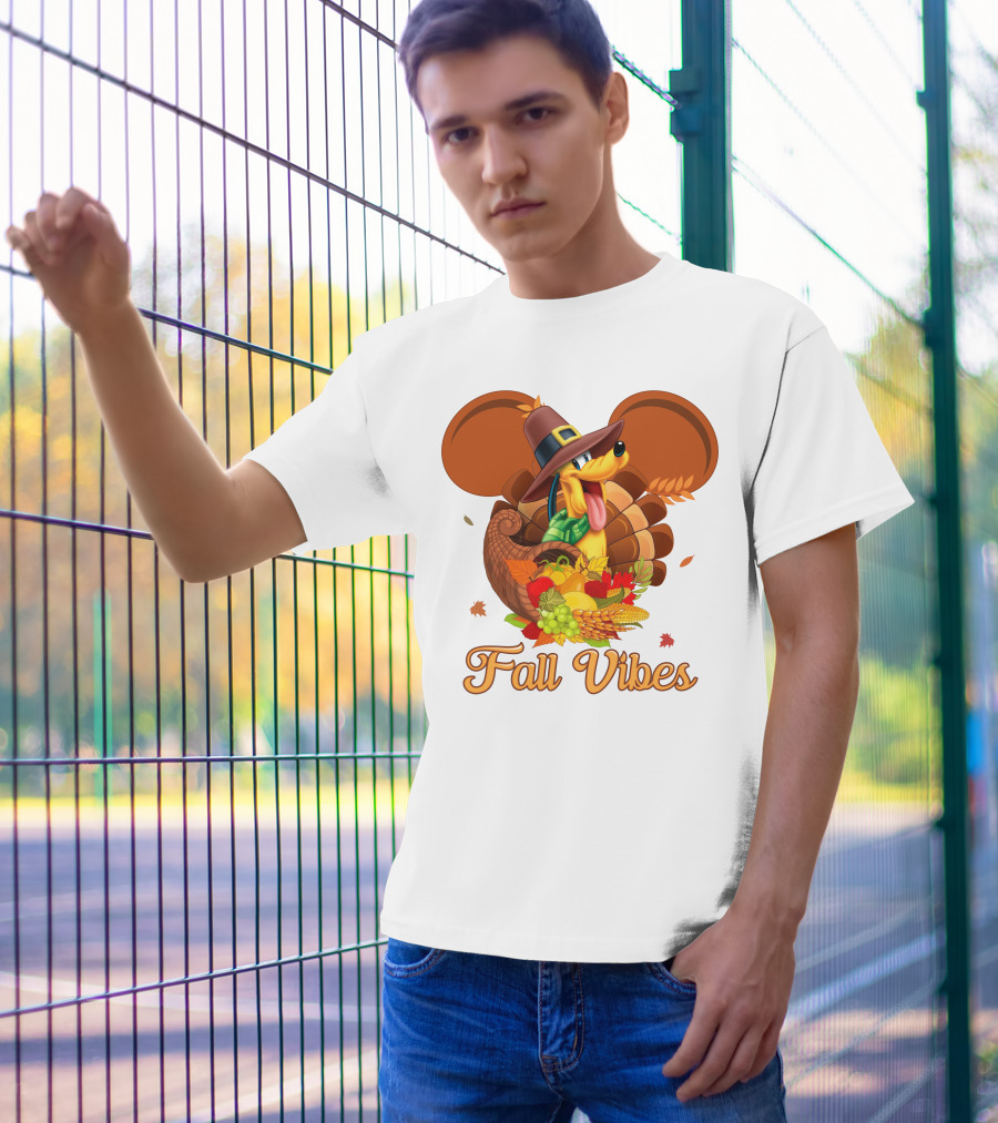 Pluto Fall Vibes Thanksgiving Cornucopia And Autumn Leaves T-Shirt